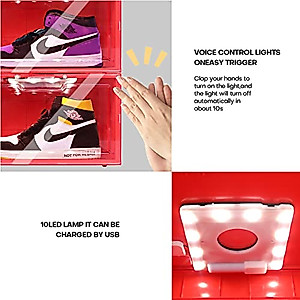 Boshen 1 Pack LED Shoe Display Cases with Voice Control Stackable Extra Large Sneaker Storage Box Magnetic Drop Side Shoe Collection Organizer for Men 13.5 & Women 14 (Red)