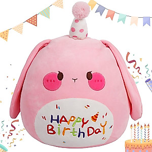 ARELUX Large 18in Cute Bunny Cuddle Plush Soft Bunny Stuffed Animal Birthday Pillow Kids Huggable Rabbit Plushie Toy Big Size Happy Birthday Party Decoration Plushies Gift for Friends Boys Girls Pink