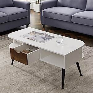 White Coffee Table, Mid Century Modern Coffee Table with Storage, Farmhouse Coffee Table, Living Room Tables, Center Table Coffee Table with Storage Shelf, 44.09" L x 20.08" W x 19.69" H