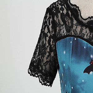 Halloween Costumes for Women Scary Funny Skeleton Swing Dress Lace Short Sleeve Flared Dresses Holiday Party Dress Sky Blue
