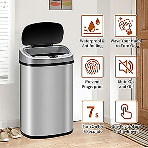 13-Gallon Kitchen Trash Can 50l Stainless Steel Garbage Can Automatic Touch Free Garbage Bin Motion Sensor Trash Can with Lid Metal Waste Bin for Office Tall Trash Bin Touchless, Silver