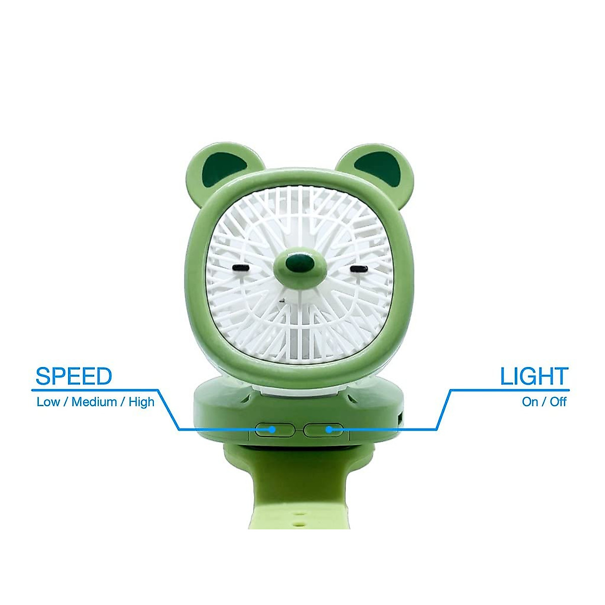Shelbybox Personal Fan with Wrist Strap - Battery Operated, USB Rechargeable Fan Portable, LED Lights, 3 Adjustable Speed - Portable Fans for Kids Children Boys Girls Indoor Outdoor (Green)