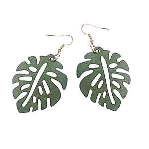2 Pairs Natural Wooden Monstera Leaves Stud Earring for Women Tropical Plant Palm Leaf African Earrings Handmade Ethnic Jewelry-green