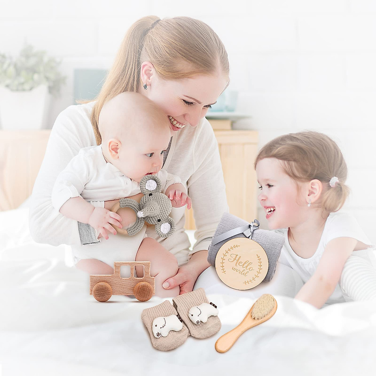 OESSUF New Born Baby Gift Basket, Baby Boys Girls Shower Gifts with Wooden Elephant Rattles, 6PCs Newborn Essentials Bath Set with Baby Brush,Blanket,Milestones Cards