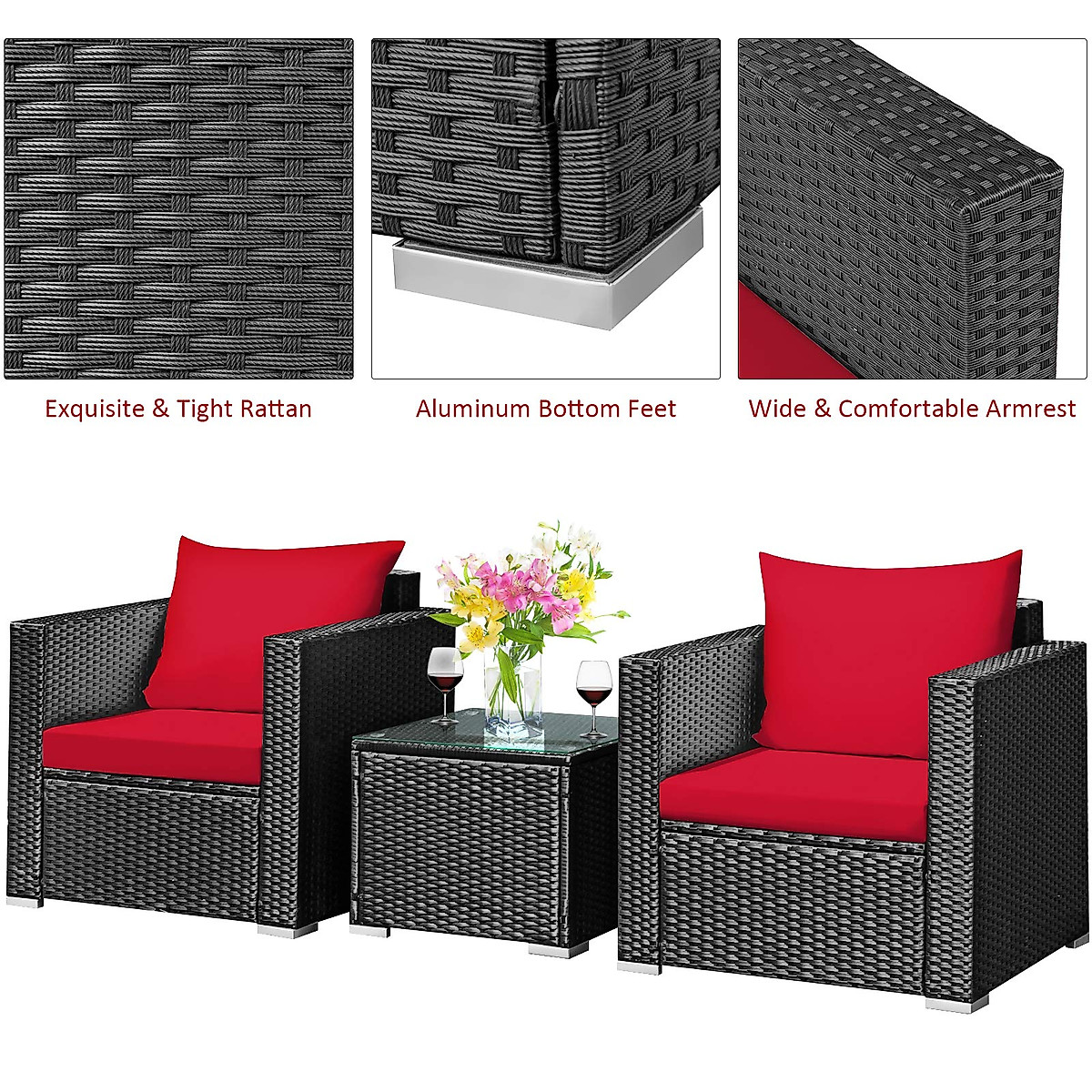 Tangkula 3 Pieces Patio Furniture Set, PE Rattan Wicker Sofa Set w/Washable Cushion and Tempered Glass Tabletop, Outdoor Conversation Furniture for Garden Poolside (Red)