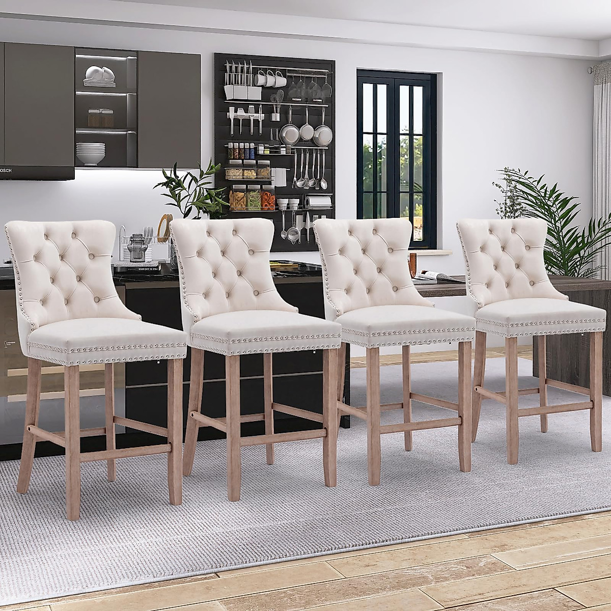JETEAGO Bar Stools Set of 4, Velvet Upholstered Bar Stool for Kitchen Island, Counter Stools with Nailhead Trim, Beige