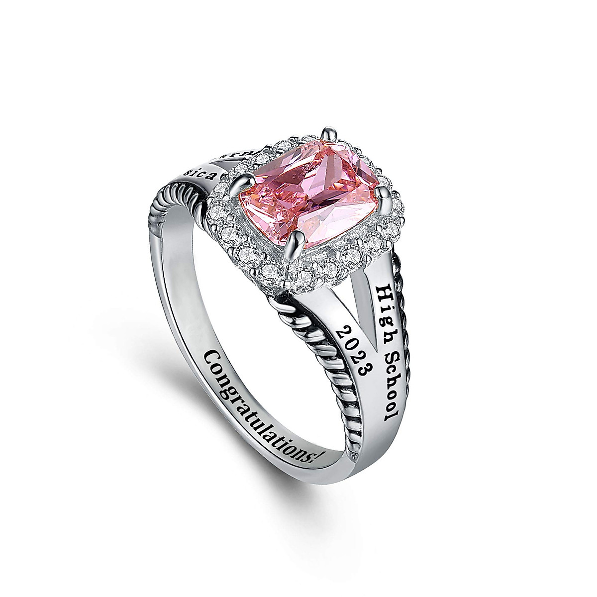 PJM Customized Sterling Silver Women’s High School Class Ring – Style Collection – Fully Personalized (Sterling Silver Platinum)