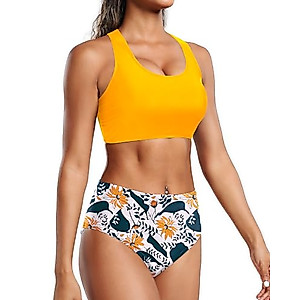 Holipick Women High Waisted Two Piece Bikini Sports Crop Top Swimsuit Scoop Neck Bathing Suit for Teen Girls with Bottom Yellow Floral