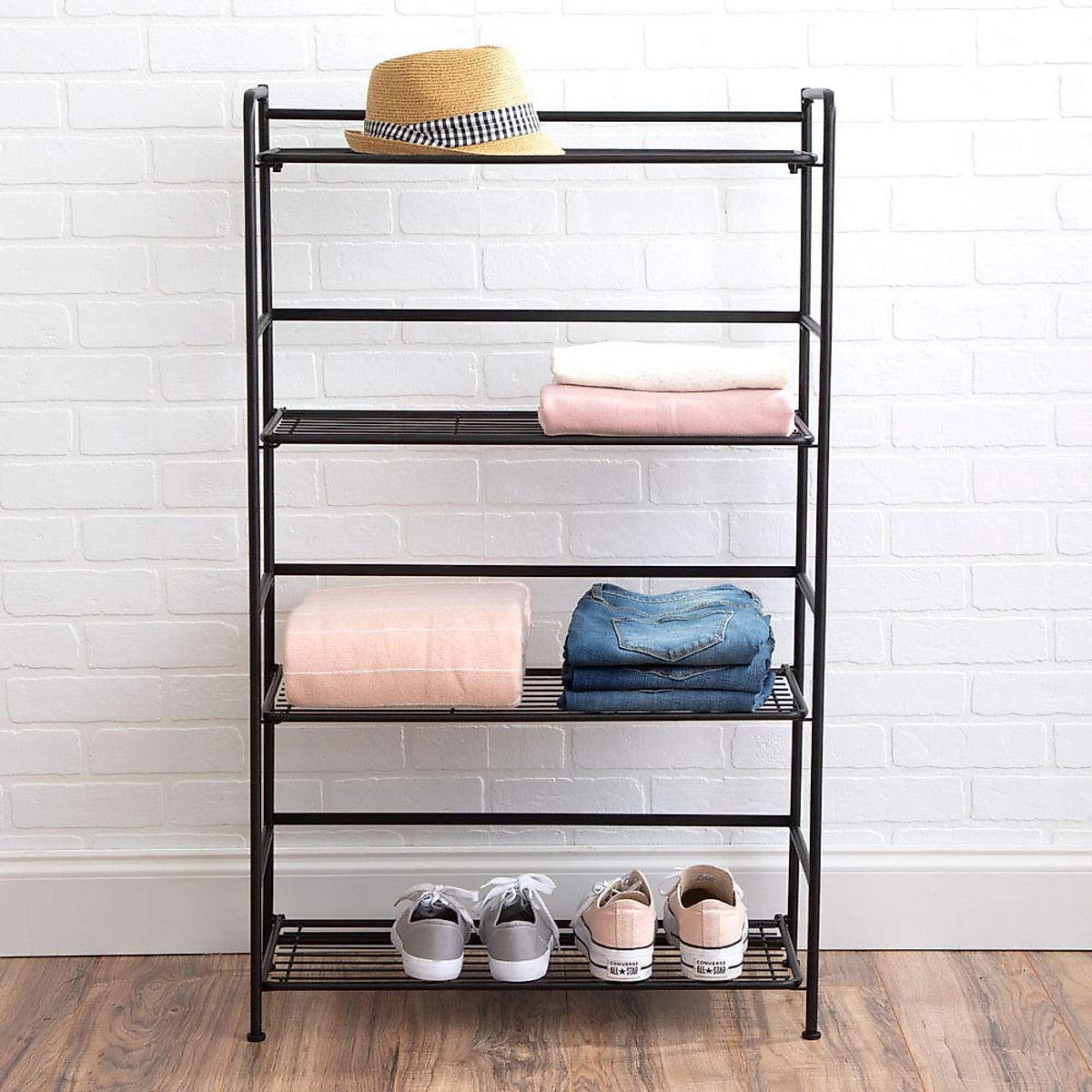 Flipshelf Folding Metal Bookcase-Small Space Solution-No Assembly-Home, Kitchen, Bathroom and Office Black, 4 Shelves, Wide