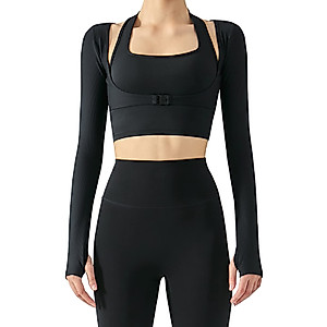 Long Sleeve Halter Crop Top for Women Cutout Sports Shrug Shirt Stretch Slim Fit Workout Tshirt Gym Yoga Tank Top Thumb Hole Running Training Crop Sport Bra Black