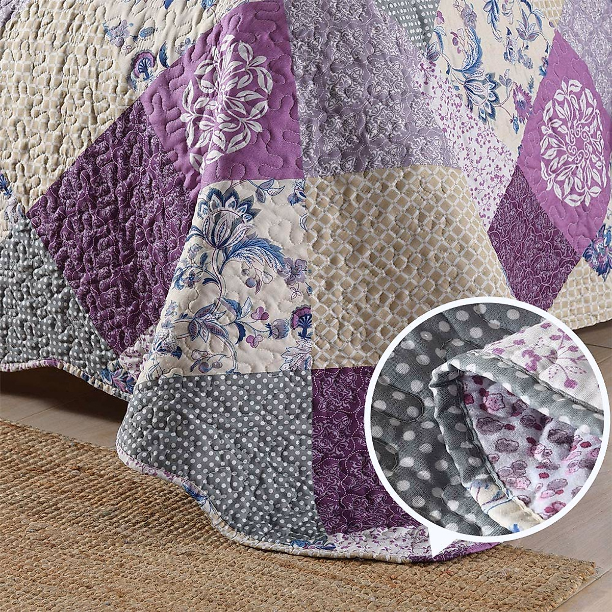 ENJOHOS King Size Quilt Set - 3 Pieces Purple Patchwork King Quilt with 2 Pillowcases, Lightweight Reversible Country Bedspread with Floral Design