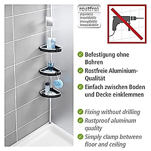 WENKO Tension Corner Shower Caddy 3 Pole and Baskets für Shampoo, Conditioner, Soap with Hooks for Razors, Towels, Blue
