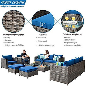 ovios Patio Furniture Set, 12 PCS Big Size Outdoor Furniture Set All Weather Rattan Wicker Sofa Sectional Set with Glass Table, Garden, Backyard, No Assembly Required (Navy Blue-Grey)