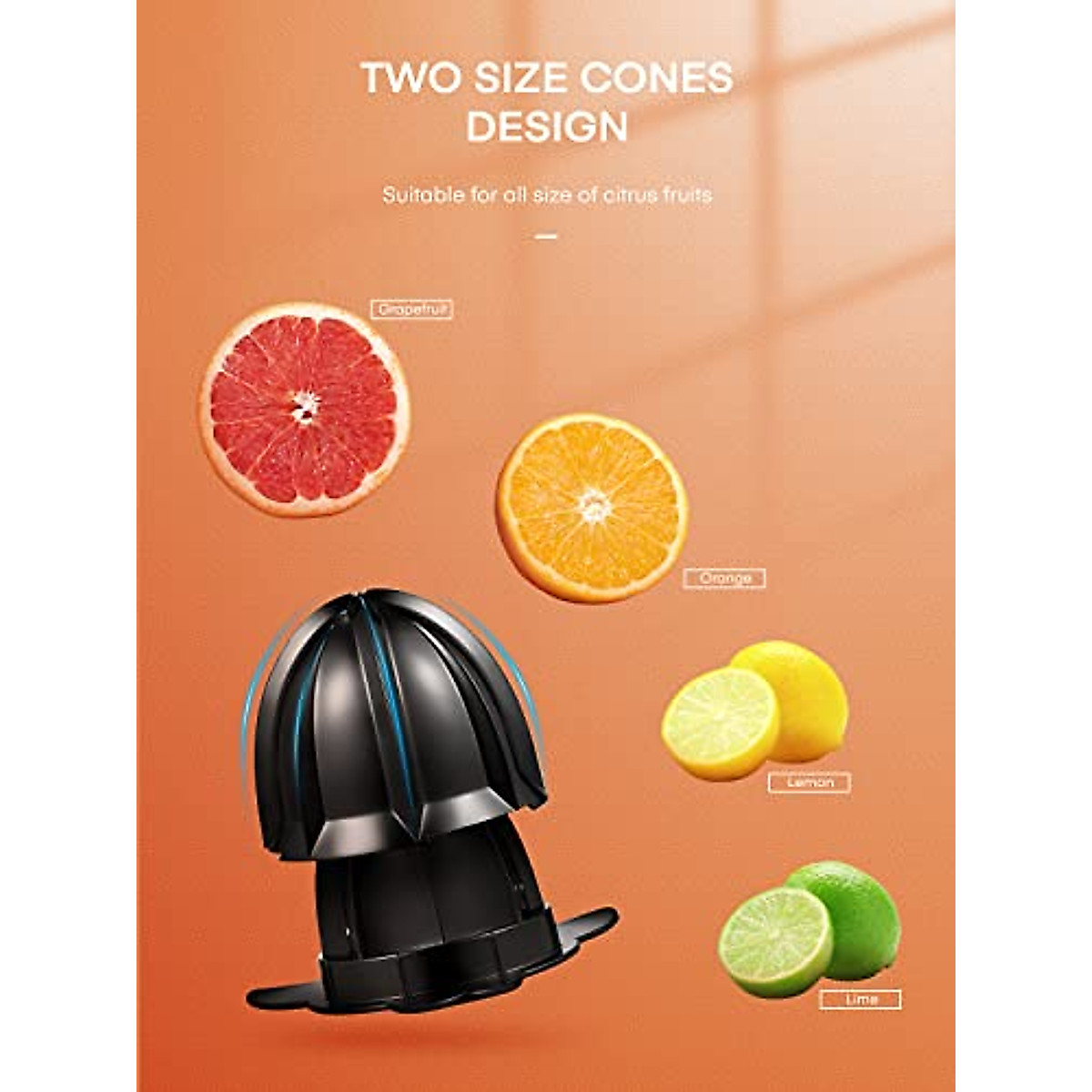 FOHERE Orange Juice Squeezer Electric Citrus Juicer with Two Interchangeable Cones Suitable for orange, lemon and Grapefruit, Brushed Stainless Steel