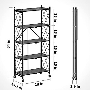 5-Shelf Foldable Storage Shelves with Wheels, Metal Shelves Heavy Duty Large Capacity Storage Shelving Unit, No Assembly, for Garage Kitchen, Warehouse, Closet, Basement and Pantry (Black, 5 Tier)