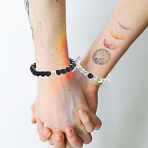 Healing Beads Matching Bracelets for Couples,Marble Black Crystal Agate Natural Stone Bond Touch Bracelet for Women Men,Long Distance His and Her Bracelets (2 Pcs)