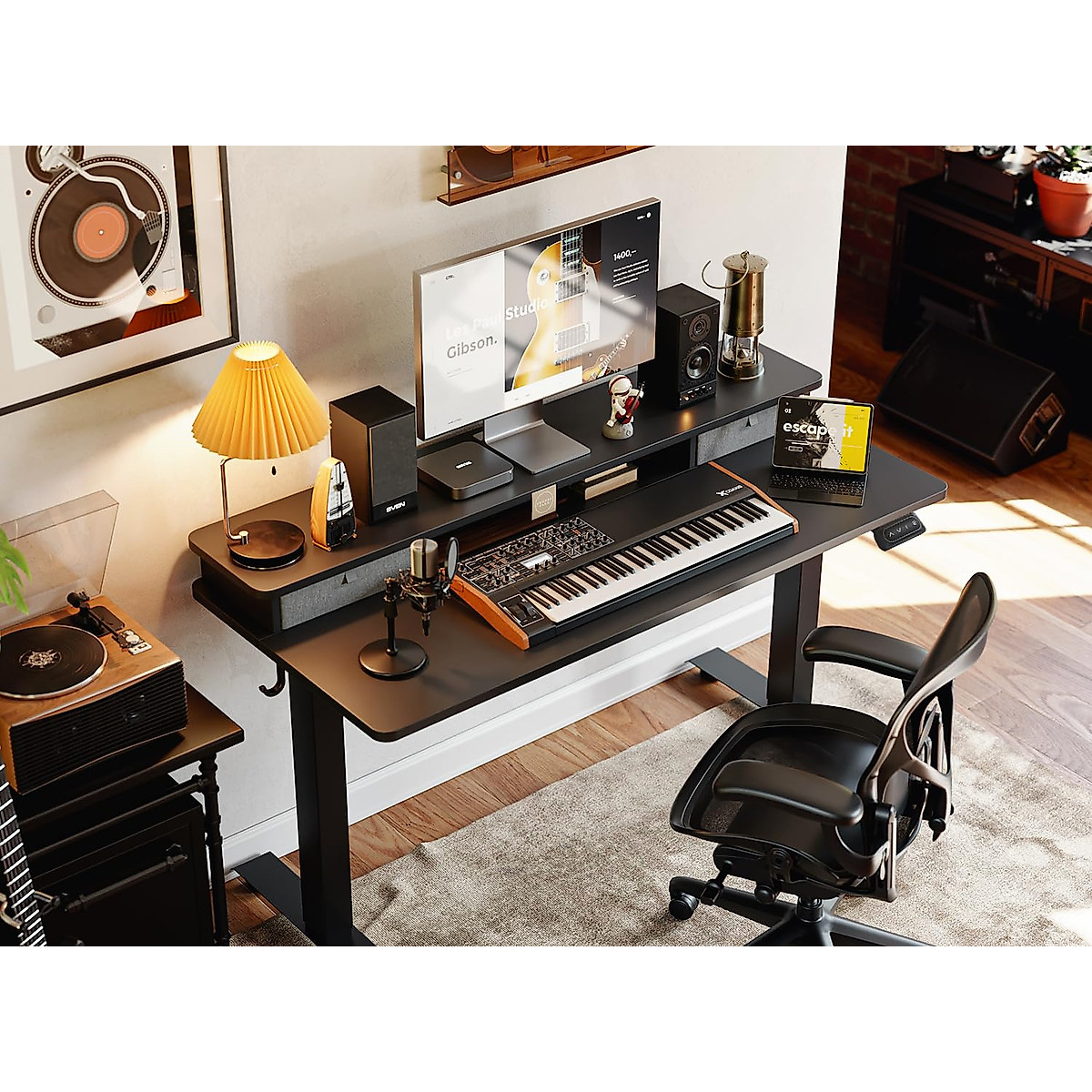 BANTI 55x24 Inch Electric Standing Desk with Double Drawers, Adjustable Height Stand Up Desk, Sit Stand Home Office Desk with Storage Shelf, Black Top