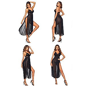Avidlove Women's Lace Mesh Babydoll Split Long Lingerie Dress Chemise Black