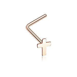 Freedom Fashion Dainty Cross Icon L-Shaped 316L Surgical Steel Nose Stud Ring (Sold Individually) (20 GA, 9/32", Rose Gold)