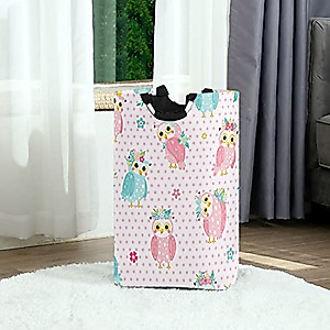 Exnundod Cute Flower Owls Laundry Basket Cartoon Style Large Laundry Hamper Folding Clothes Bag with Handle Oxford Clothes Washing Bin 22.7 Inch