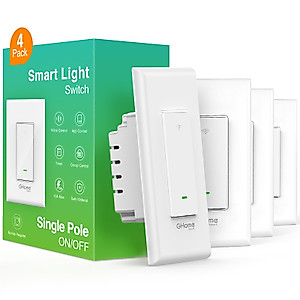 GHome Smart Switch, Smart Wi-Fi Light Switch Works with Alexa and Google Home 2.4Ghz, Single-Pole, Neutral Wire Required, UL Certified, Voice Control, No Hub Required (4 Pack)