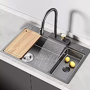 Gray Kitchen Sink Stainless Steel Sink With Waterfall Faucet Gray Sink Single Bowl Sink Thickened Stainless Steel Side Drain (Size : 75x46x20CM)