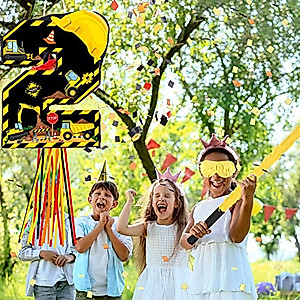 Small Number 2 Construction Pinata Pull String Dump Truck Two Pinata Tractor Excavator Pinata with Blindfold Stick Confetti for Boys Kids Construction Themed 2nd Birthday Decorations Party Supplies