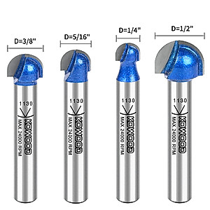 KOWOOD Plus Core Box Router Bit Set, 1/4 Inch Shank, Cutting Diameter in 1/4”, 5/16”, 3/8”, 1/2”. with Updated KOWOOD C3 Carbide. Great for Making Signs, Decorative accents to Furniture & Plaques