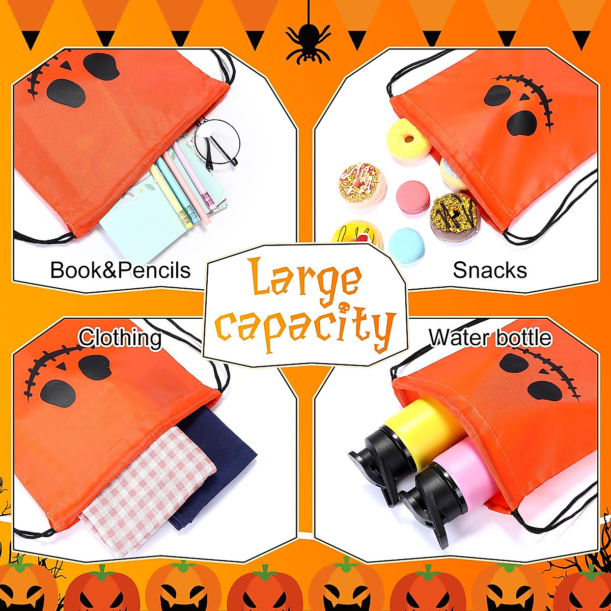 Bulyoou 32 Pcs Halloween Drawstring Backpacks Bulk Halloween Party Favor Bags Trick or Treat Bags Pumpkin Design String Sack Bags Halloween Party Favors Supplies Gift Wrap Bags