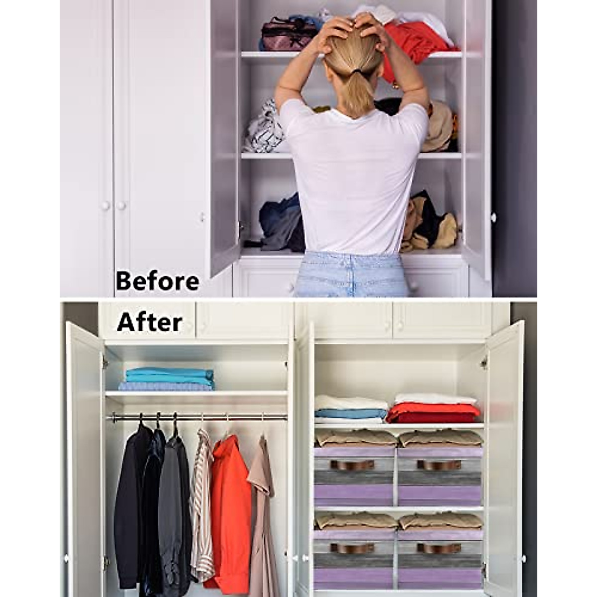 Large Capacity Storage Bins 1Pcs Stripe Wood Grain Purple and Grey Storage Cubes, Collapsible Storage Baskets for Organizing for Bedroom Living Room Shelves Home 15x11x9.5 In