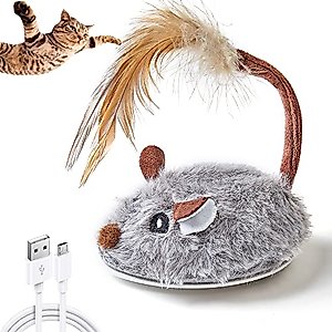 Vealind Interactive Cat Toys with Feather Tail, USB Rechargeable Cat Mouse Toy Automatic Moving for Indoor Cats Hunting and Exercise (Grey)