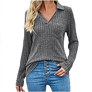 Women's Fashion Pullover Knitted Ribbed Shirts Long Sleeve V-Neck Blouse Tops Casual Fall Clothes for Women 2024 Cute Sweatshirts Dark Gray