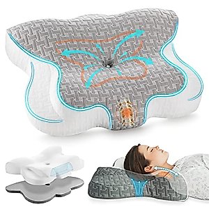 Elviros Cervical Memory Foam Neck Pillow for Pain Relief, Adjustable Orthopedic Support Pillows for Sleeping, Ergonomic Bed Pillow for Side, Back, Stomach Sleepers, Queen Size, Grey
