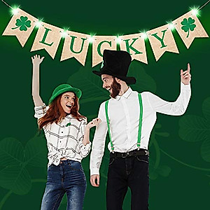 St. Patrick's Day Lucky Burlap Banner Bunting Hanging Garland with Green String Lights Rustic Shamrock Banner for St. Patrick's Day Decoration Supplies