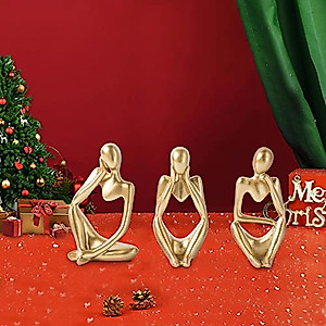 FJS Gold Decor Thinker Statue Abstract Art Sculpture, Set of 3 Golden Resin Collectible Figurines for Home Living Room Office Shelf Decoration