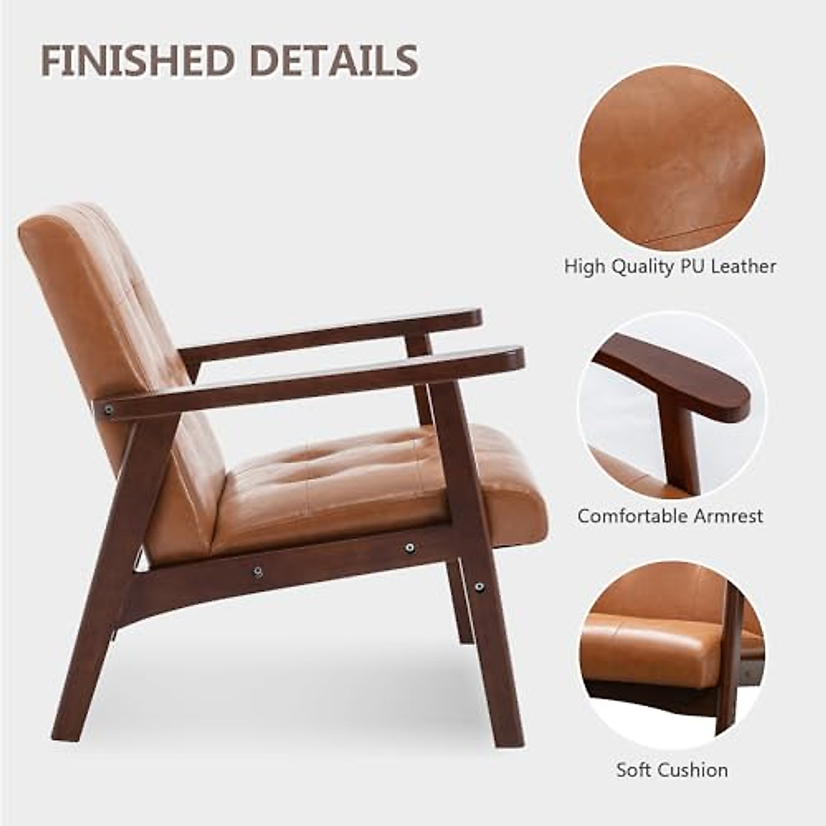 Bonzy Home Mid Century Modern Accent Chair for Living Room, Upholstered Faux Leather Armchair Comfy Retro Bedroom Side Chair with Solid Wood Frame, Orange