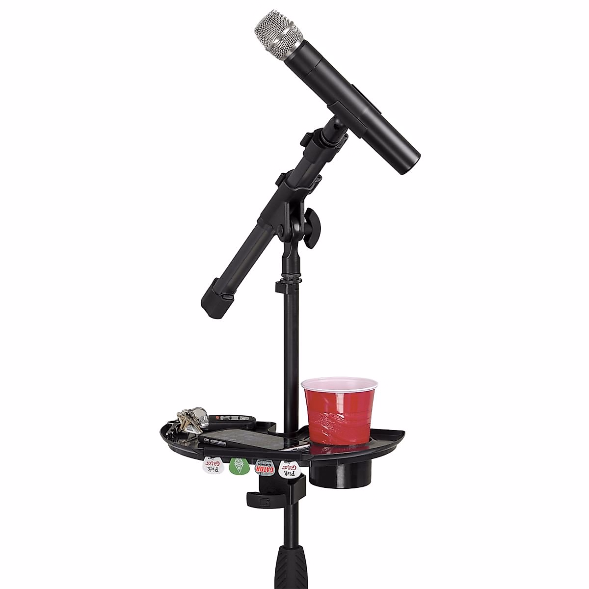 Gator Frameworks Microphone Stand Accessory Tray with Drink Holder and Guitar Pick Tab; 12" x 7" (GFW-MIC-ACCTRAY)