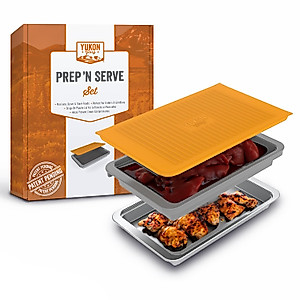 PREP ‘N Serve Premium Set™ - Plastic Container with Lid for Marinades, Stainless Steel Serving Tray, Aluminum Defrosting Tray, and a Plastic Cutting Board - The Ultimate BBQ Food Prep Utensil Set