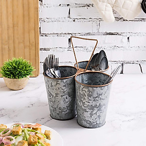 MyGift Galvanized Metal Utensil Holder Caddy with 3 Compartments, Copper Rim and Handle, Countertop Cutlery Storage, Flatware Organizer Holds Forks, Knives, Spoons - Handcrafted in India