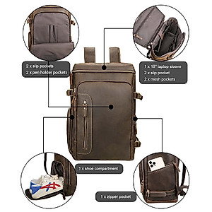 Lannsyne Vintage Full Grain Genuine Leather Backpack 18" Laptop Bag with Shoe Compartment Casual Travel Daypack Brown