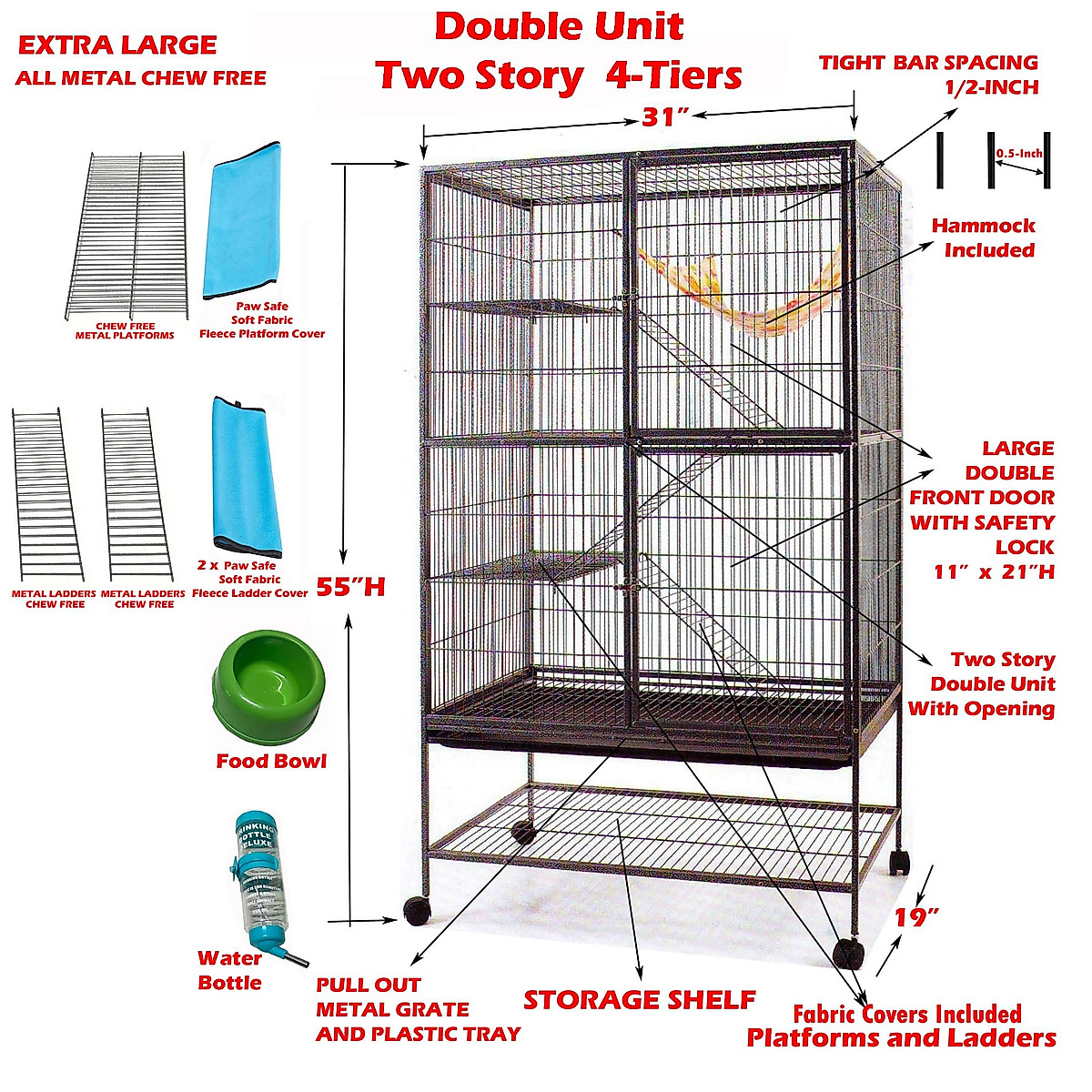 Two Story Extra Large 30.5"x19"x55"H 4-Level Double Front Doors Chew Free Feisty Ferret Chinchilla Small Animal Home Wrought Iron Cage Tight 1/2-inch Bar Spacing Rolling Stand Hammock