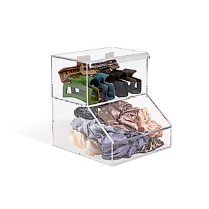 Inevibe Hair Tie Holder & Bows Organizer - 2 Compartment Acrylic Container w/Lids for Storing Bracelets, Headbands, Claw Clips & Accessories for Bathroom & Countertop Display
