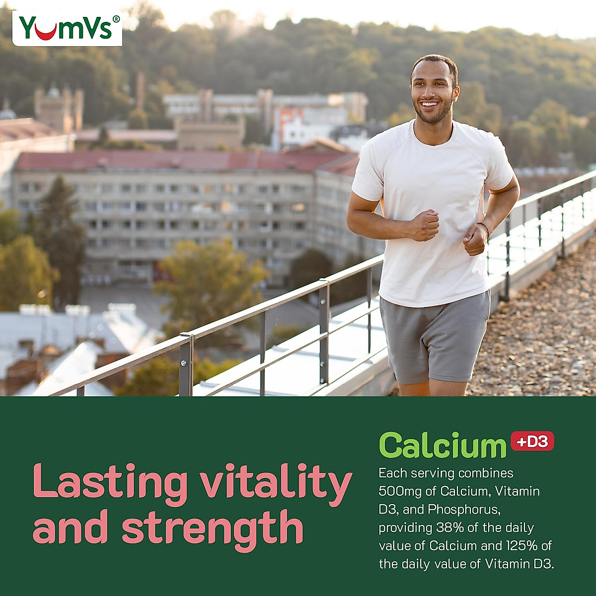 YumVs Calcium 500mg with Vitamin D3 - Raspberry & Orange Flavor Calcium Vitamin D Gummies, Chewable Calcium Supplement for Kids & Adults, Vitamin D Calcium Gummies, Kosher Halal Gluten Free (60 Count)