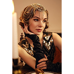 BABEYOND Vintage Style Roaring 20s Crystal Rhinestone Flapper Cap Headpiece Head Jewelry Chains (Gold)