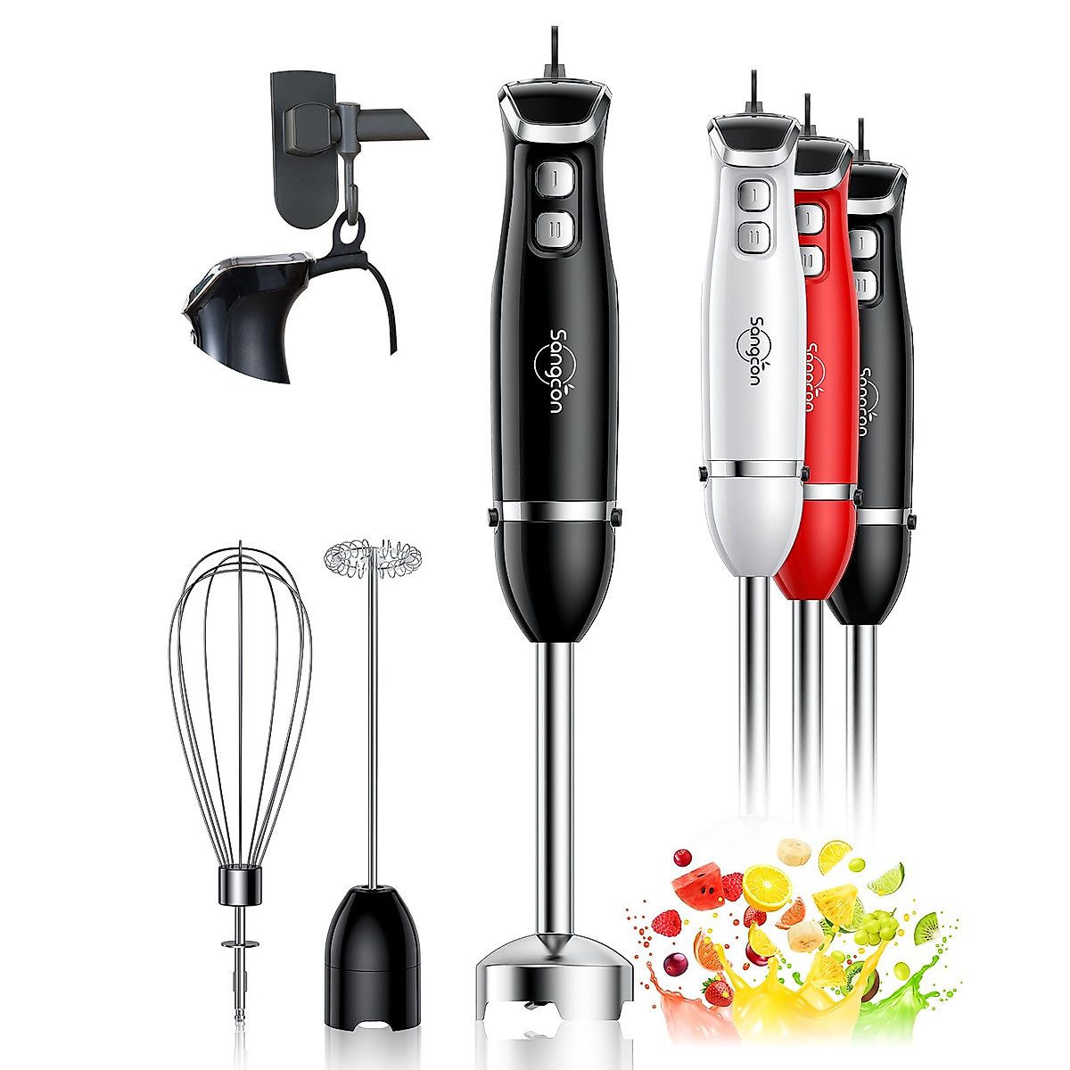 Sangcon Immersion Blender Handheld, 3-in-1 Hand Blender Electric, 400W Handheld Blender, Stainless Steel Blade Stick Blender with Whisk, Milk Frother Attachments - Black