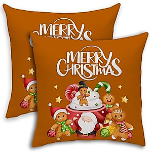 Christmas Gingerbread Man Throw Pillow Cover Candy Cane Santa Christmas Balls Holiday Brown Linen Decorations Pack of 2 Euro Patterned Bed Outdoor Patio Office Porch Cozy Pillow Covers 16x16inch
