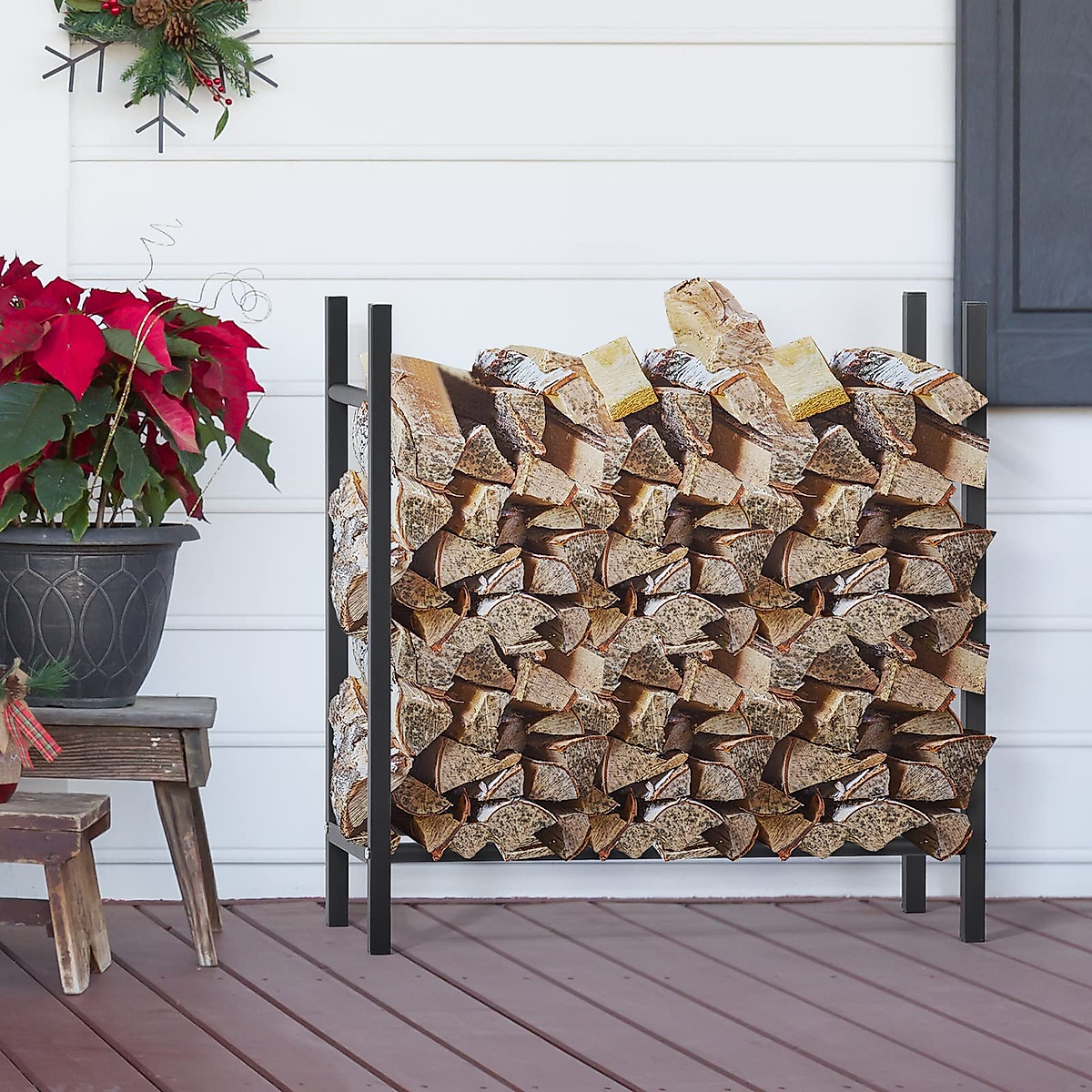 CADUKE 2ft Firewood Rack Outdoor Fire Wood Holder Indoors Fireplace Log Holder for Firewood Storage Wood Stackers for Outside, Black