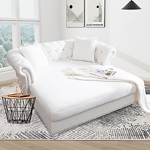 TINGMAMADEHUA Chesterfield Chaise Lounge Indoor, Tufted Upholstery Sofa Bed, with Two Pillows, Sleeper Chair 62.99in for Bedrooms & Living Rooms (White)