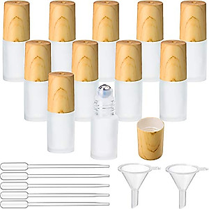10 Piece Frosted Glass Roller Bottle Bulk with Imitation Wood Grain Plastic Cap for Essential Oils Roll-on Bottle with Stainless Steel Roller Ball, 10 Piece Plastic Pipette and 2 Piece Funnel (5ml)
