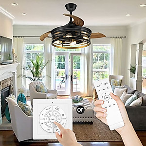 NEWORB 42Inch Retractable Ceiling Fans with Lights Remote Control Black Caged Ceiling Fans Farmhouse Vintage Industrial Ceiling Fan with Lights for Living Room Bedroom Kitchen Patio